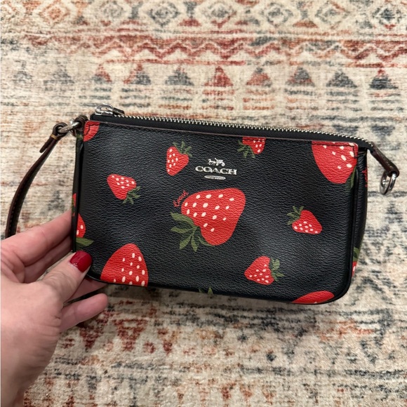 Coach | Bags | Coach Black Wristlet With Red Strawberry Design | Poshmark
